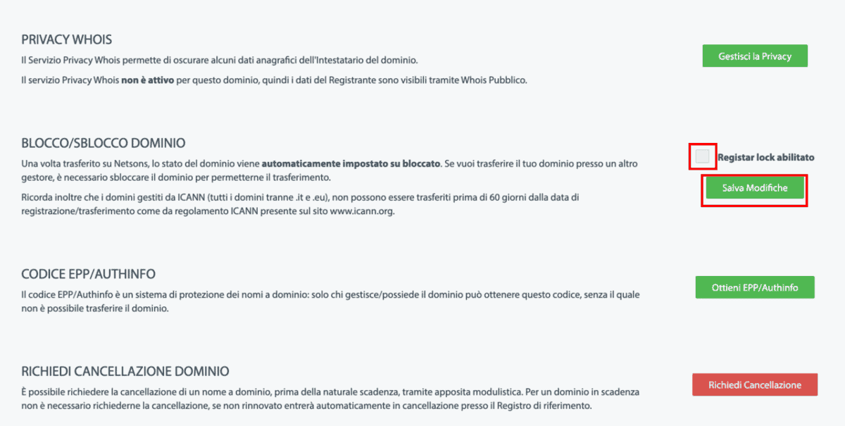 Richiedere EPP Code/Auth Code a Netsons - SupportHost