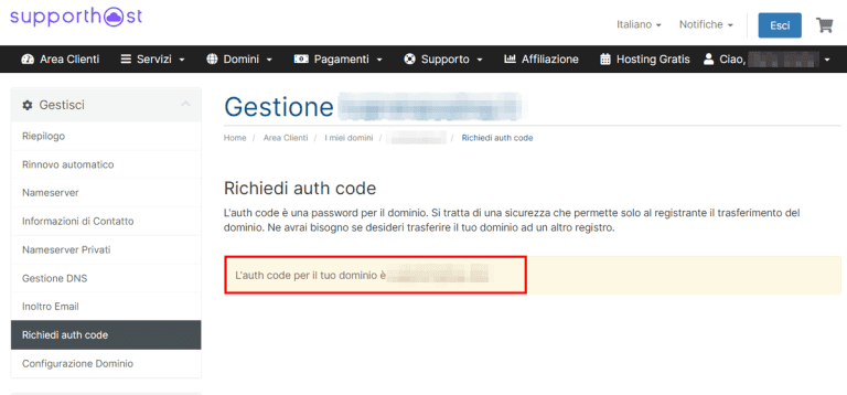 Richiesta auth code/authinfo/Codice EPP (2025) - SupportHost
