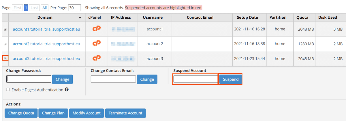 Account suspension (Reseller) - SupportHost